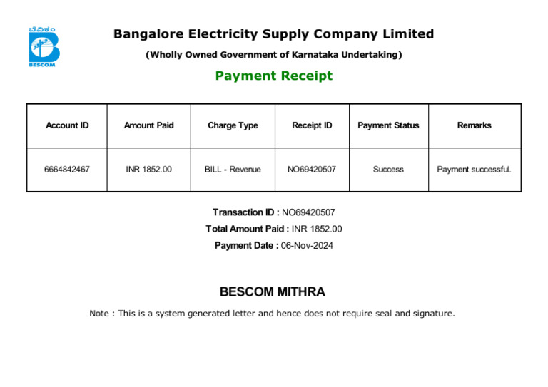 BESCOM Receipt Nov 2024 | PDF