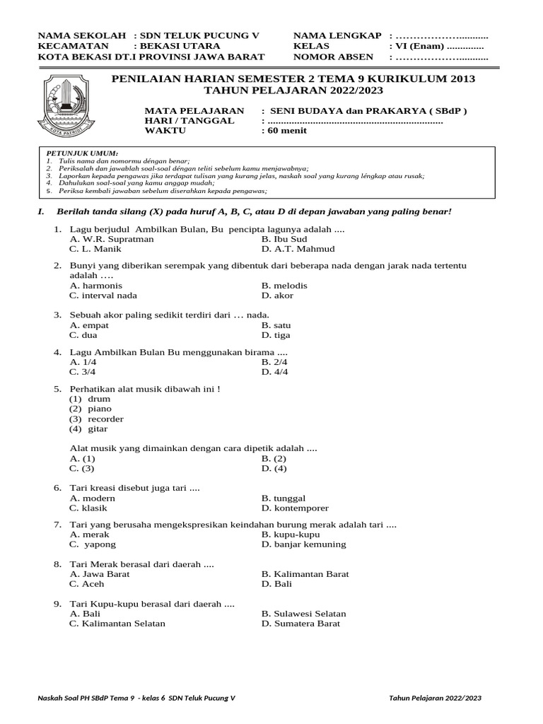 FIX - Soal PH K13 Tema 9 Kelas 6 SBDP | PDF