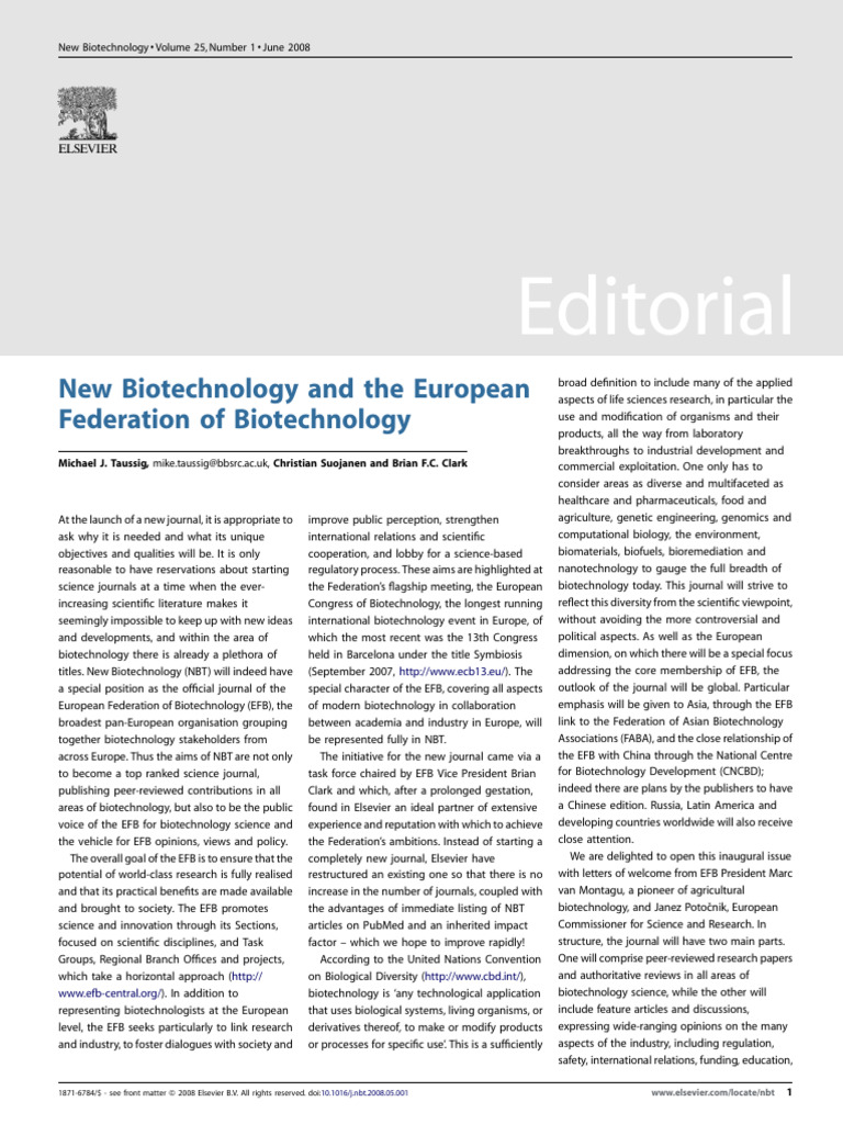 Editorial: New Biotechnology and The European Federation of ...