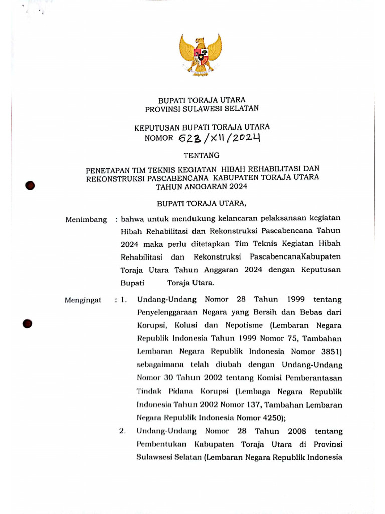 SK Bupati Toraja Utara No 623 Tahun 2024 Tentang Penetapan Tim Teknis Kegiatan Hibah ...