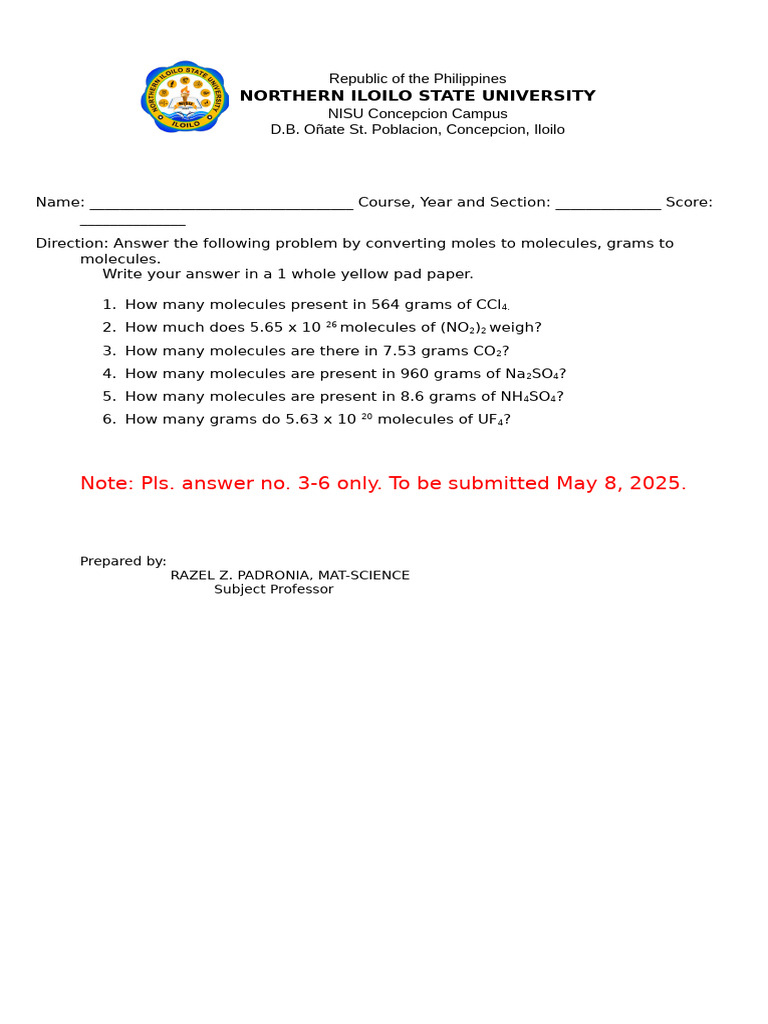 Assessment of Moles To Molecules BSFi 1C Part 1 | PDF