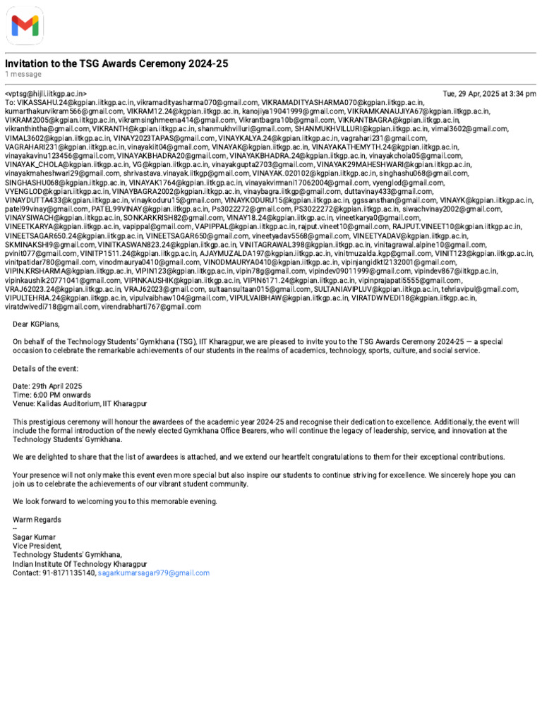 Gmail - Invitation To The TSG Awards Ceremony 2024-25 | PDF | Career ...