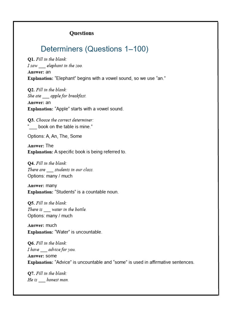 Determiners Practice Questions and Answers | PDF | Plural | Noun