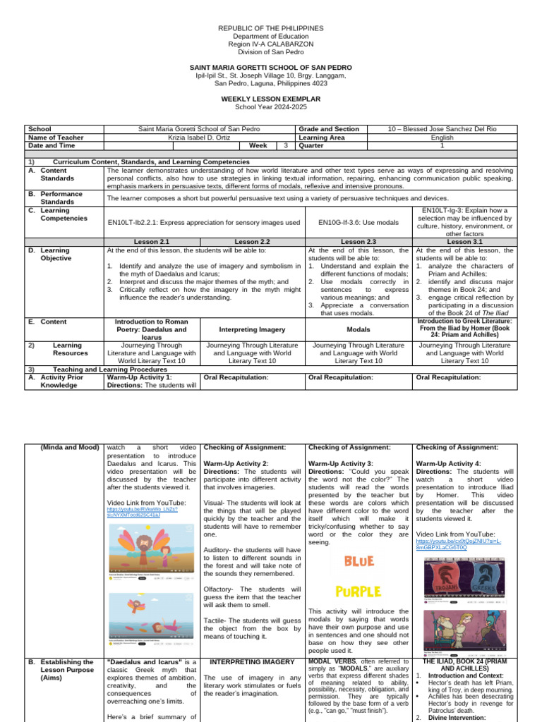 English 10 Quarter 1 Week 4 5 LP | PDF | Hector | Achilles