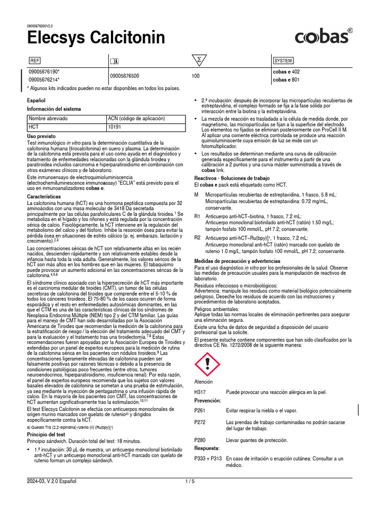 Insert - Elecsys Calcitonin.09005676500.V2.es | PDF | Calibración | Laboratorios