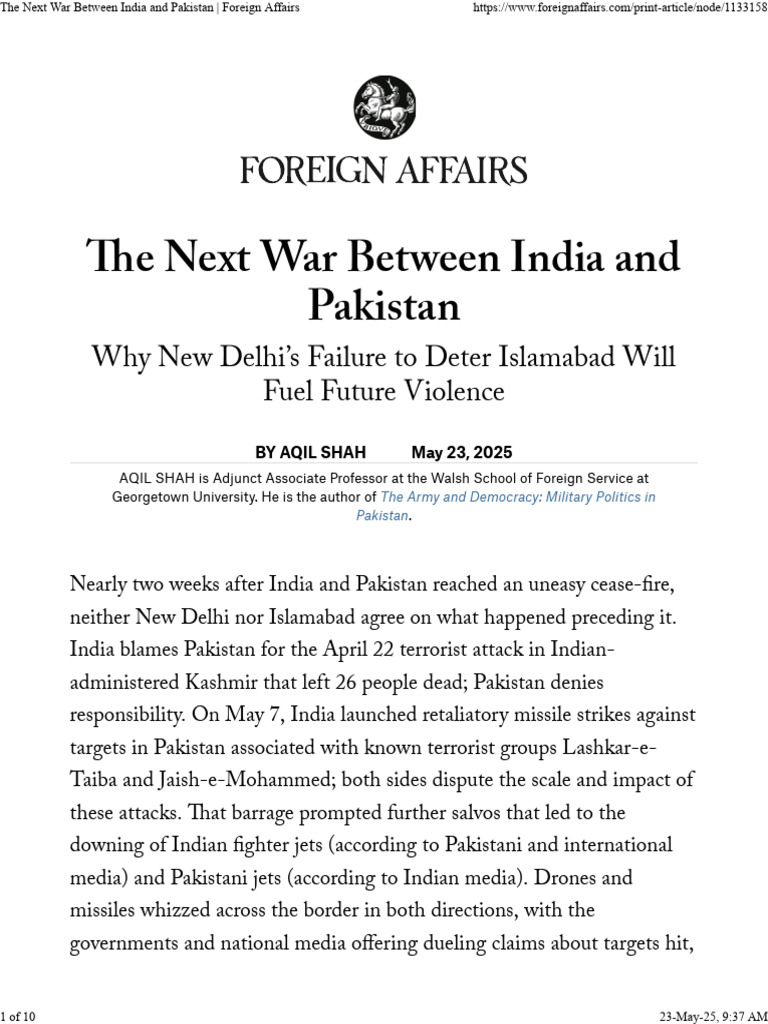 The Next War Between India and Pakistan - Foreign Affairs | PDF ...