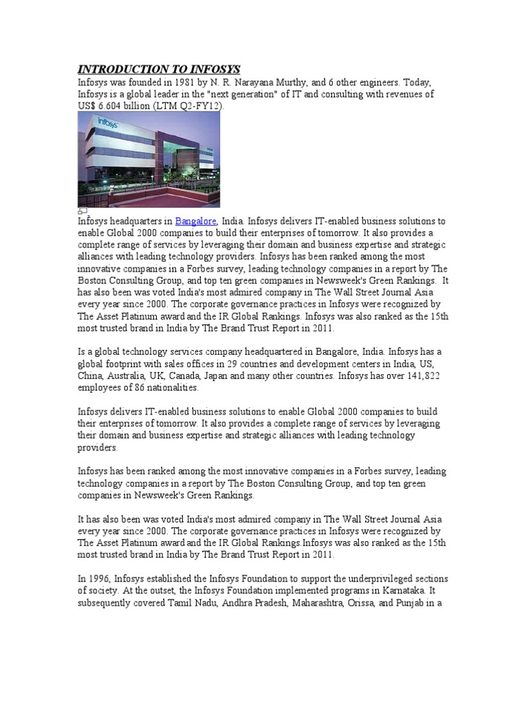 Introduction To Infosys | Download Free PDF | Business | Economies