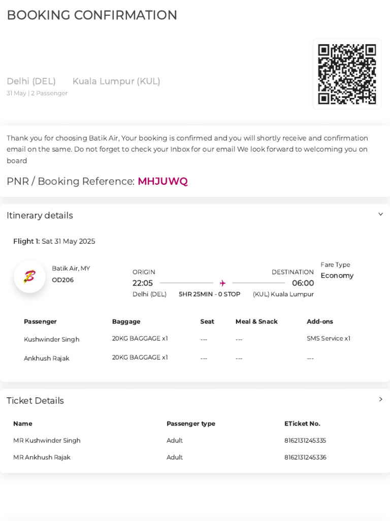 Batik Air - Booking Confirmation - Booking Reference - MHJUWQ | PDF