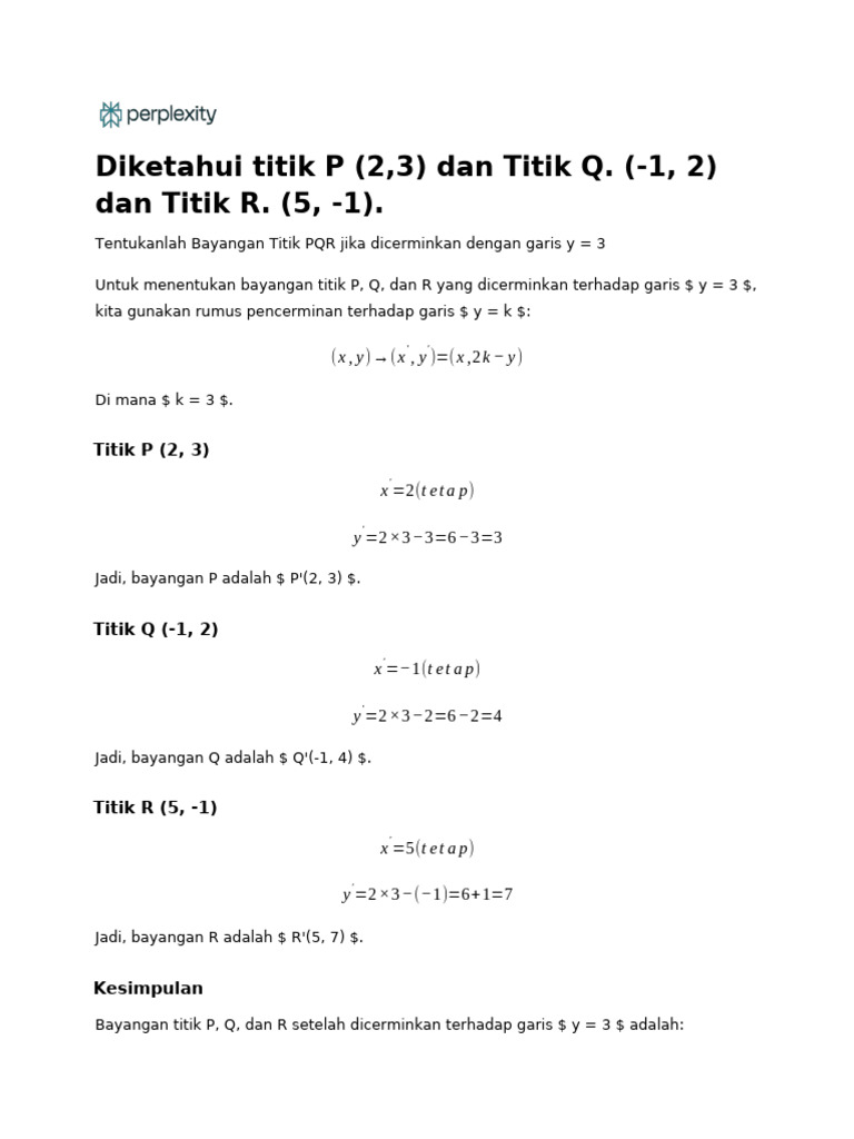 Diketahui Titik P (2,3) Dan Titik Q. (-1, 2) Dan T | PDF