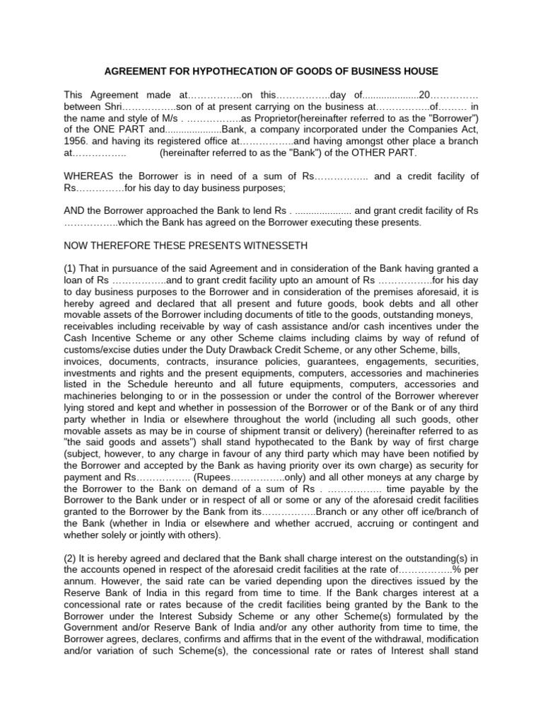 Agreement For Hypothecation of Goods of Business House | PDF | Banks ...