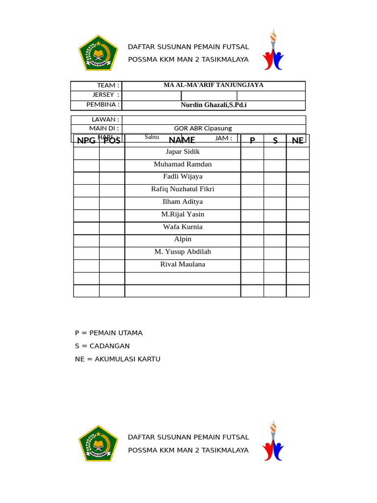 Daftar Pemain Futsal MAN 2 Tasikmalaya | PDF