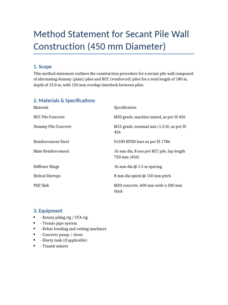 Secant Pile Method Statement | PDF | Deep Foundation | Building Materials