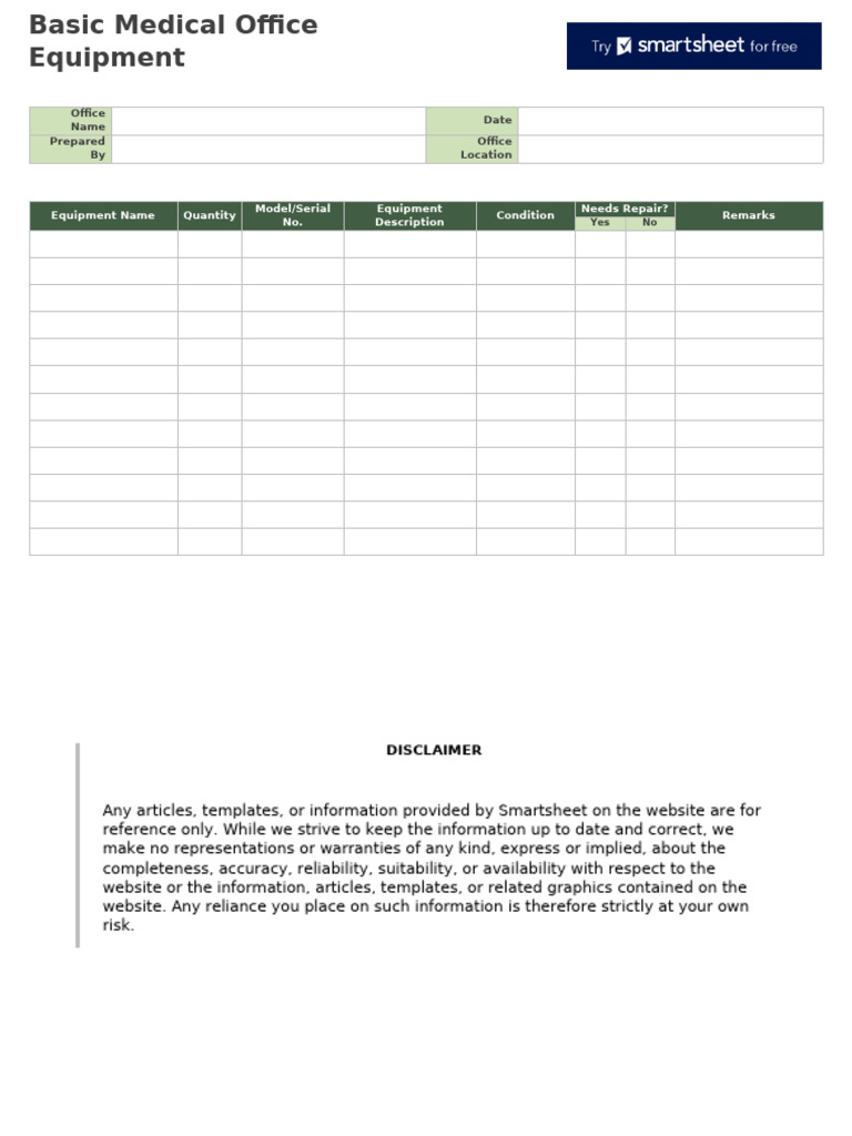 IC Basic Medical Office Equipment Inventory Template 12211 WORD | PDF