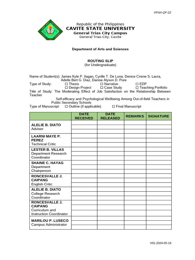 VPAA QF 22 Routing Slip For Undergraduate | PDF