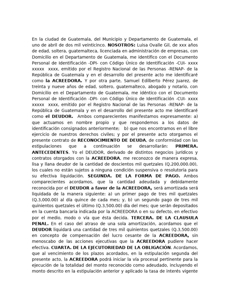 Reconocimiento de Deuda en Documento Privado | PDF | Pagos