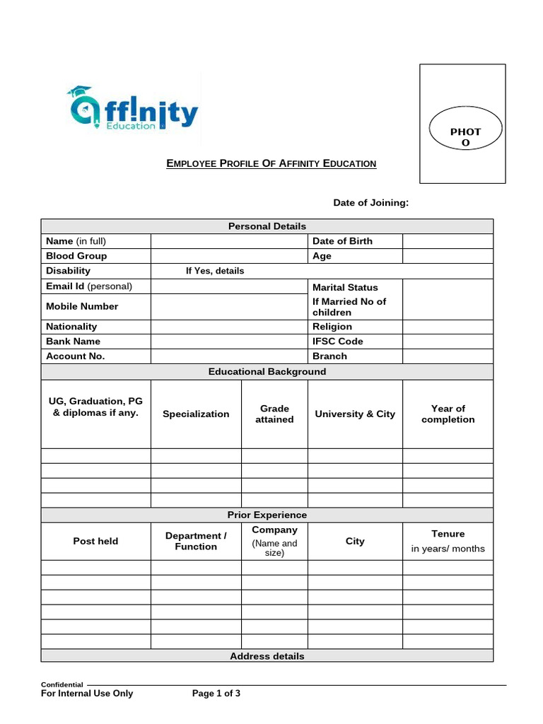 Affinity Employee Joining Form | PDF | Government And Personhood