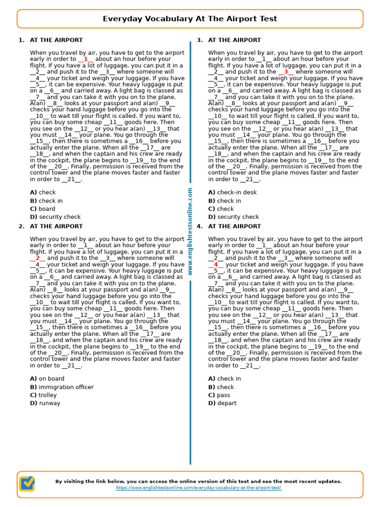 194 Everyday Vocabulary at The Airport Test | PDF | Airport | Air ...
