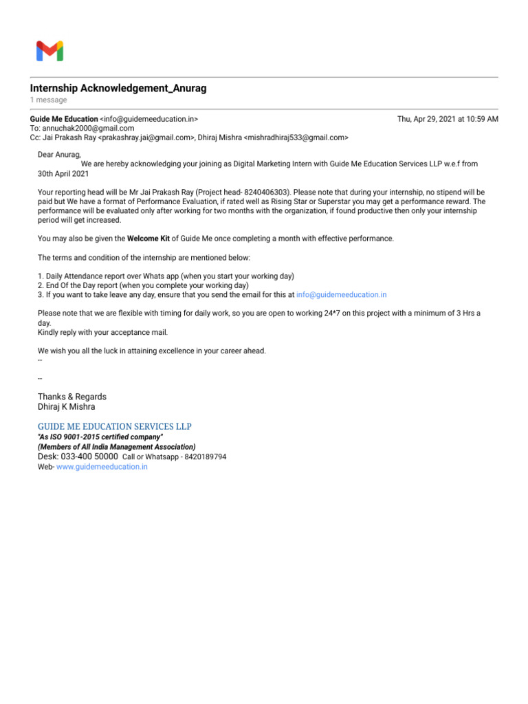 Digital Marketing Internship Acknowledgment | PDF