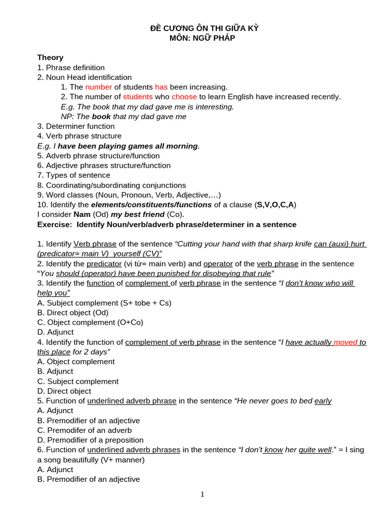 Đề Cương Ôn Thi GK - Ngu Phap Tieng Anh - K65 | PDF | Adverb | Phrase