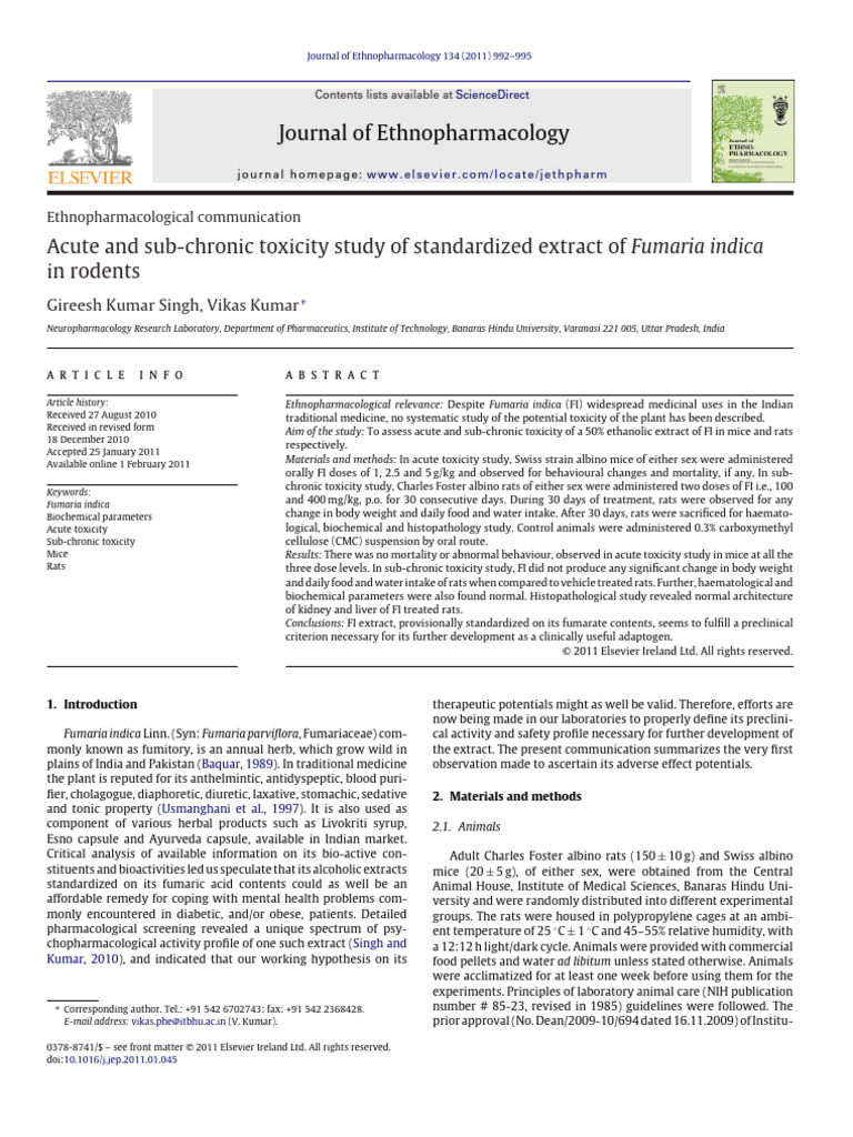 Acute and Sub-Chronic Toxicity Study of Standardized Extract of Fumaria ...