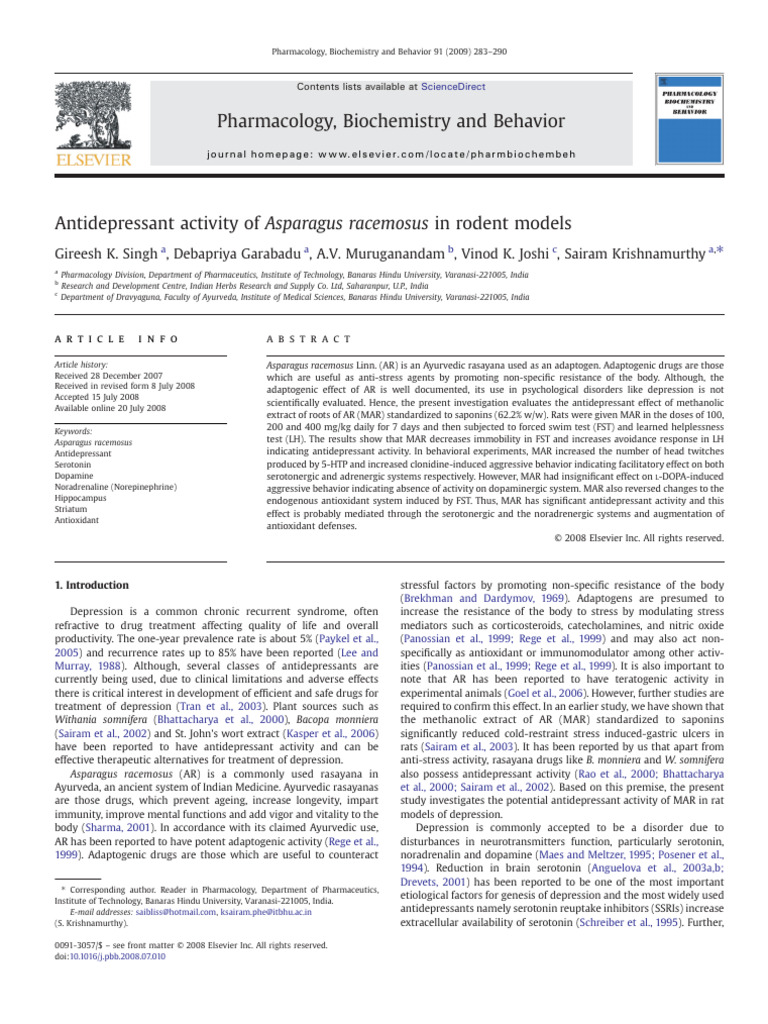 Antidepressant Activity of Asparagus Racemosus in Rodent Models | PDF ...