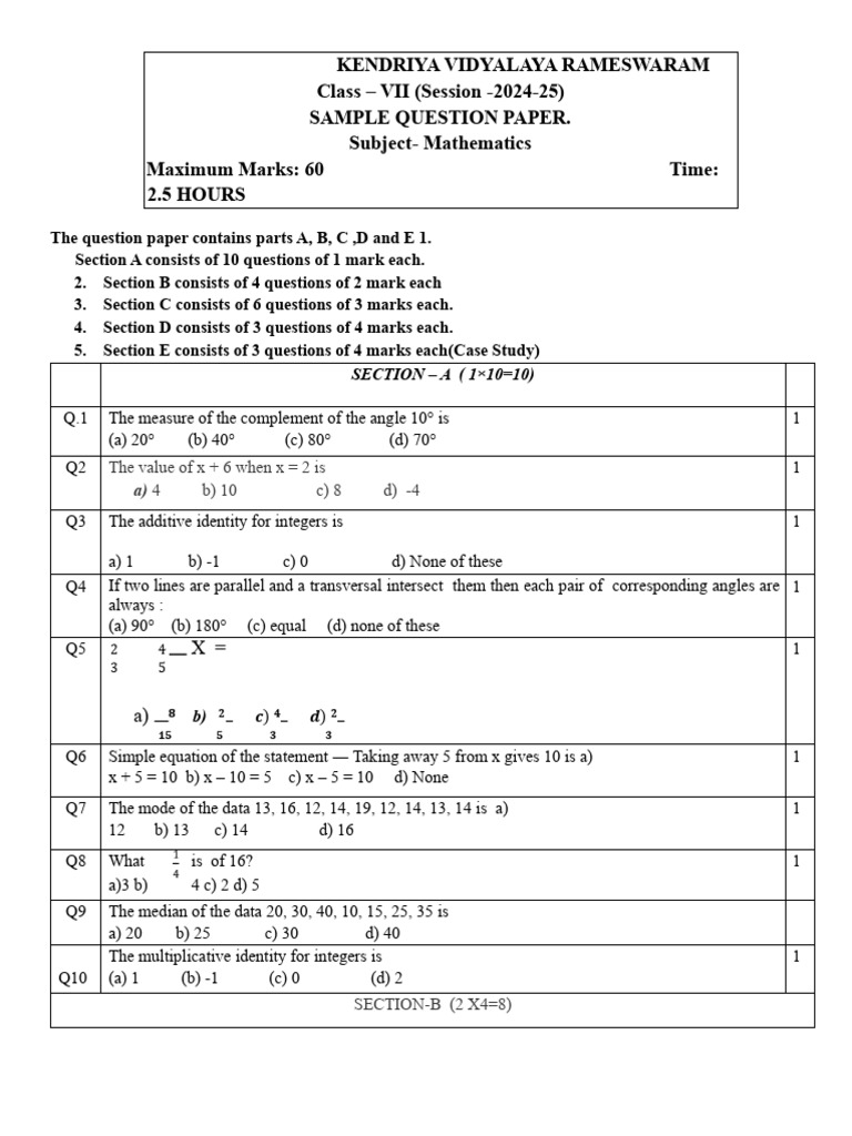 Model Question Paper Class7 Maths. | PDF | Angle | Euclidean Geometry