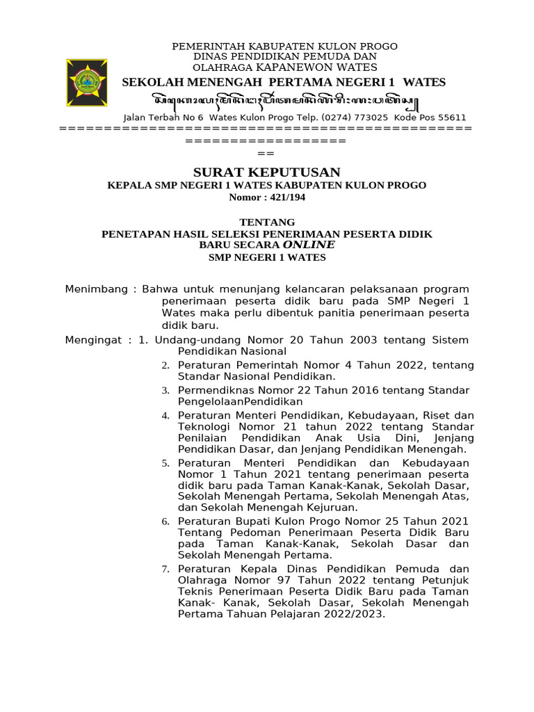 SK Pengumuman PPDB 2022 2023 Website | PDF