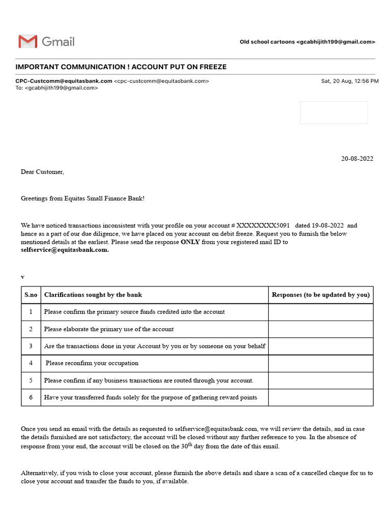 Important Communication ! Account Put On Freeze | PDF | Banking ...