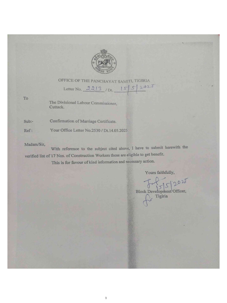 Confirmation of Marriage Certificate - Tigiria Block - 2530 - 14.05. ...