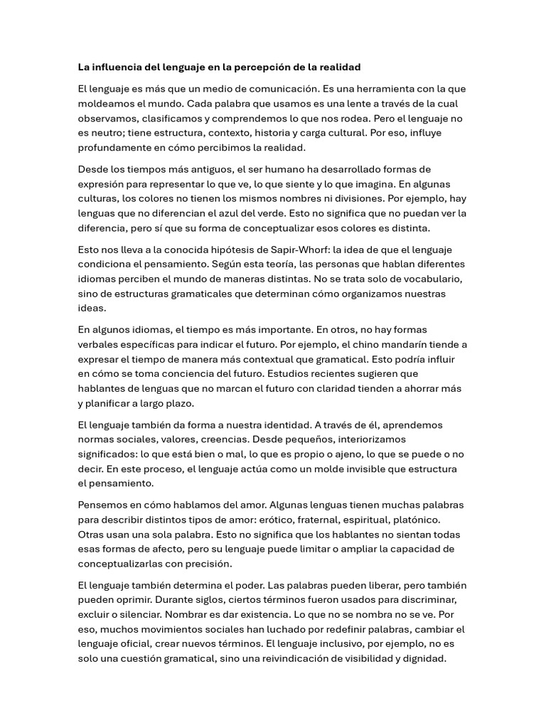 La Influencia Del Lenguaje | PDF | Cognición | Ciencias del comportamiento