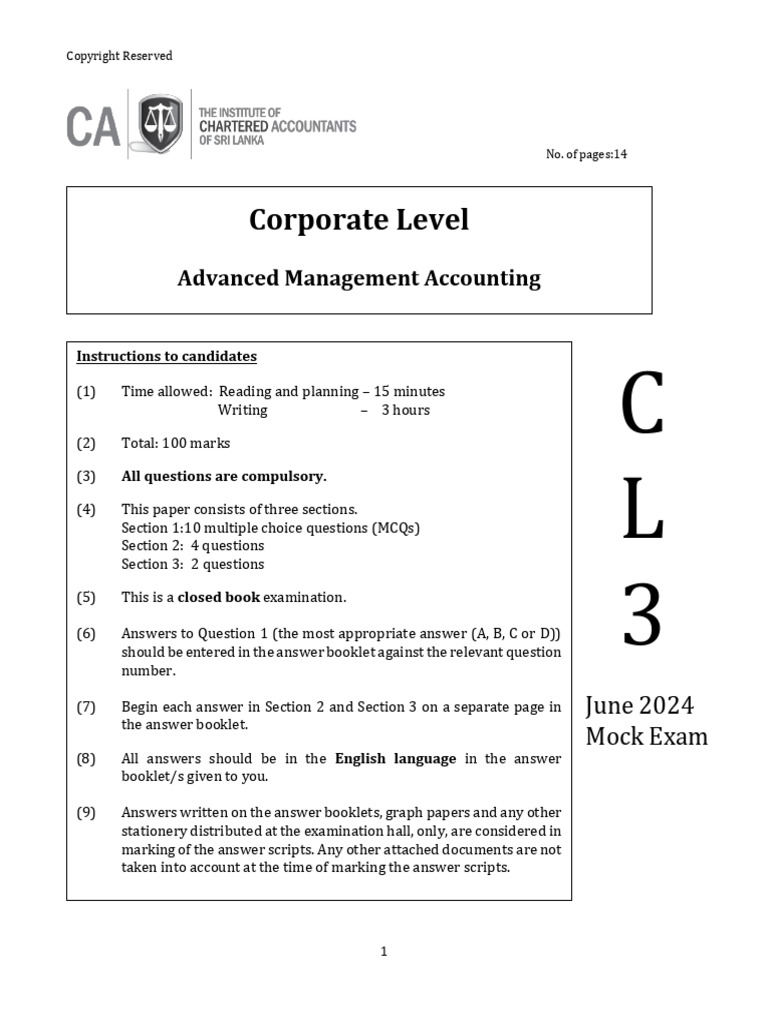 CL 3 Advanced Management Accounting - Mock Exam - 2024 June | PDF | Net ...