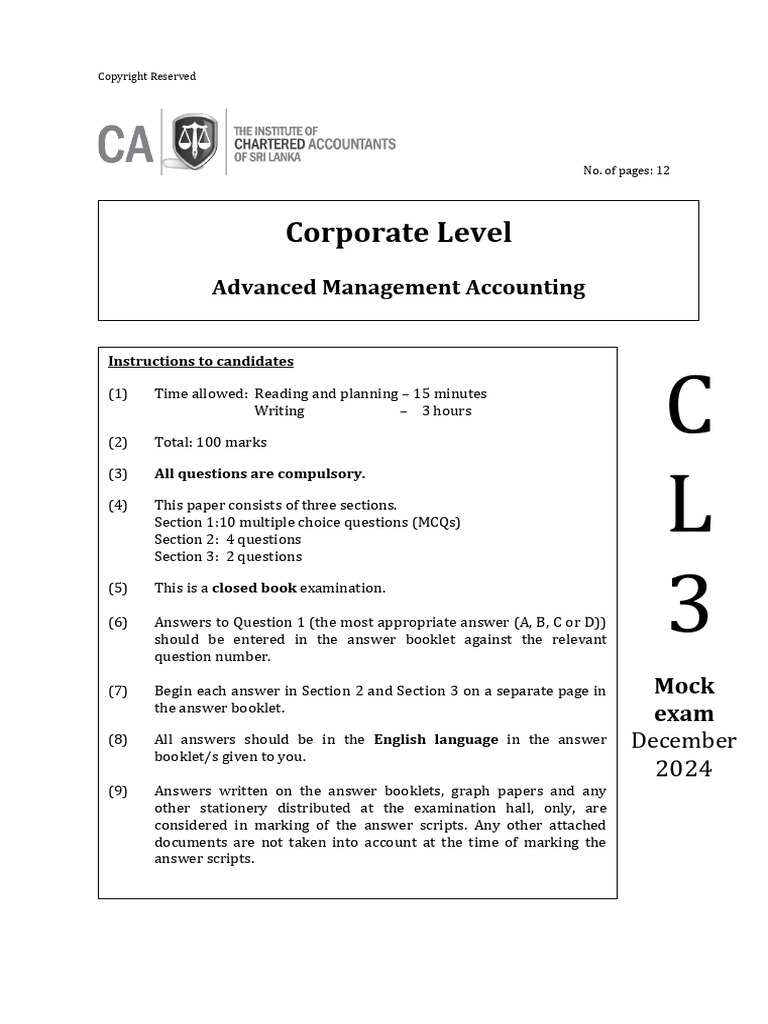Advanced Management Accounting Mock Exam 2024 | PDF | Knowledge | Cost