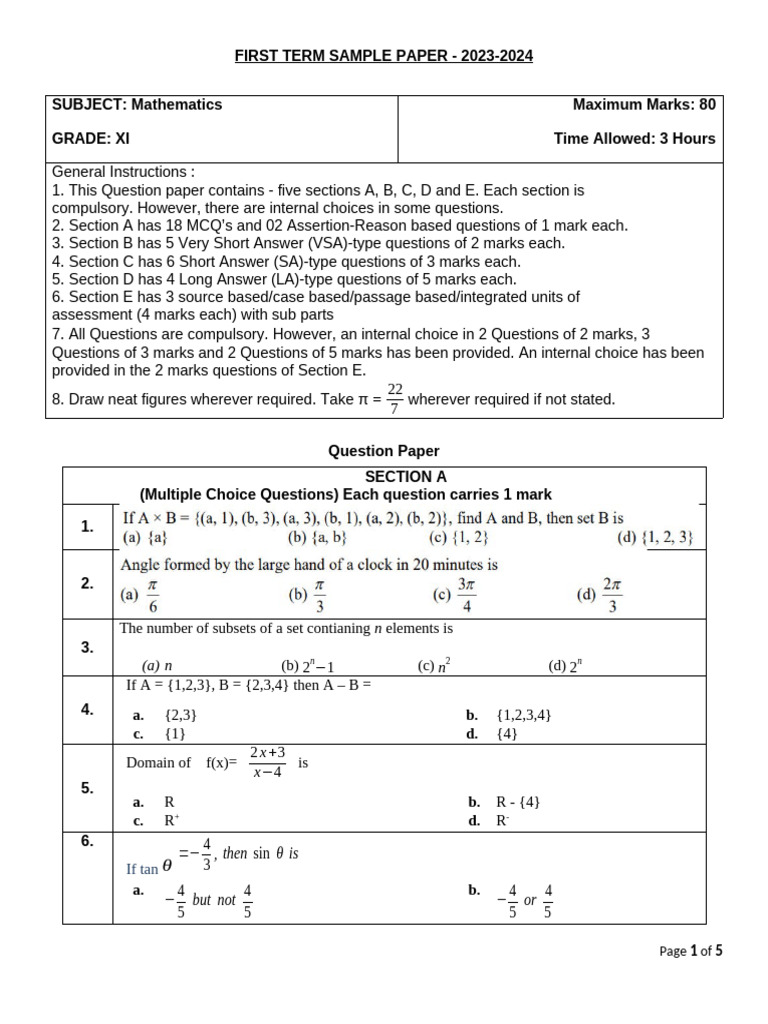 GR 11 - First Term Exam Sample Paper | PDF | Multiple Choice | Mathematical Logic