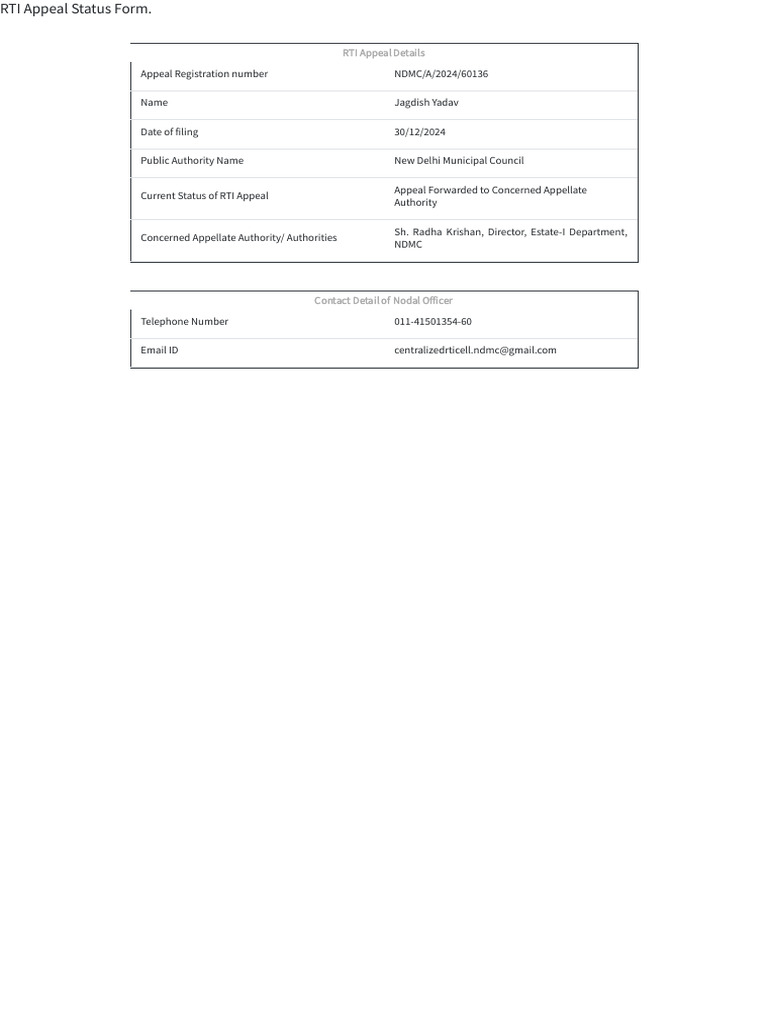 NDMC RTI Appeal Status Update | PDF