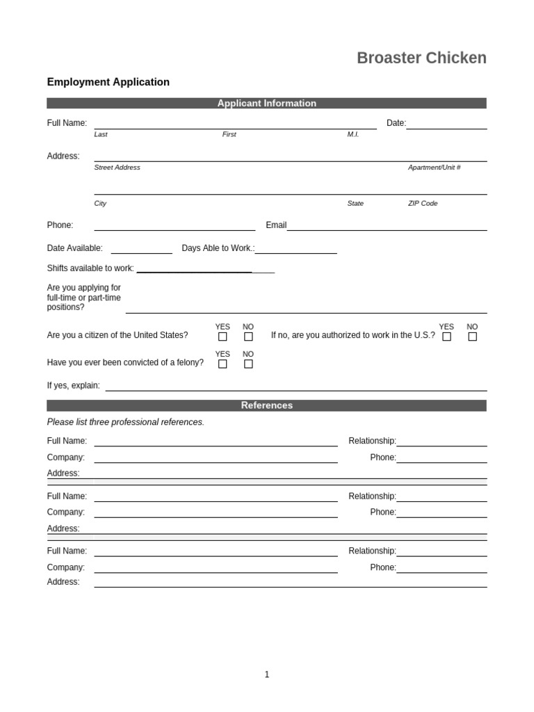 Broster Chicken Employment Application | PDF | Crimes | Crime & Violence