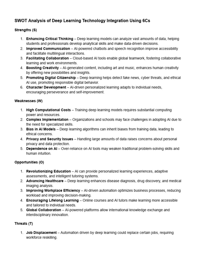 SWOT Analysis of Deep Learning Technology Integration Using 6Cs | PDF ...