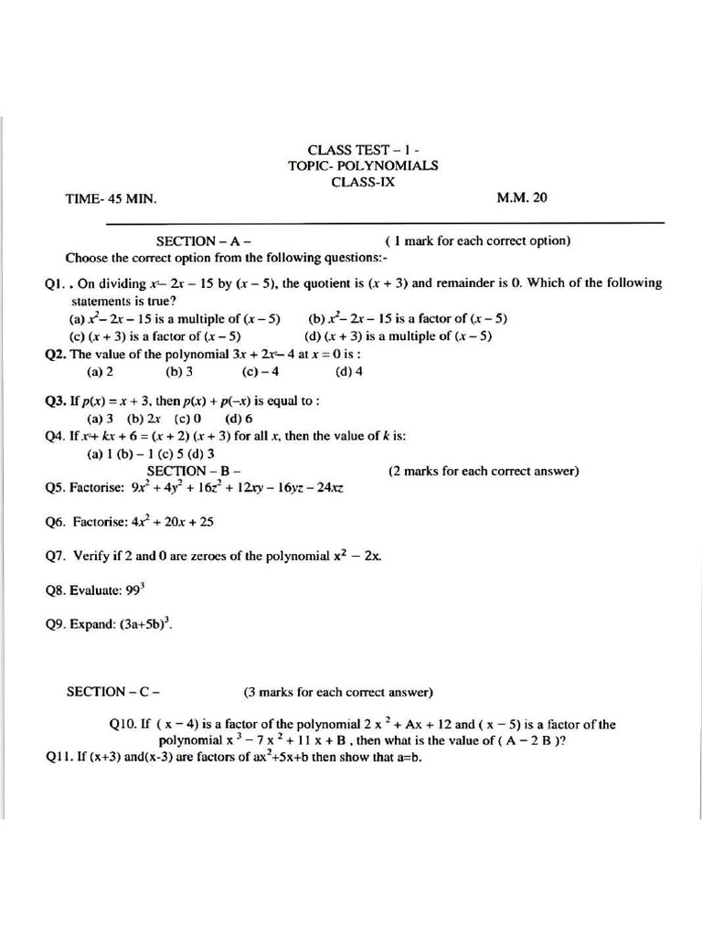 Class 9 Test 1 Polynomials | PDF