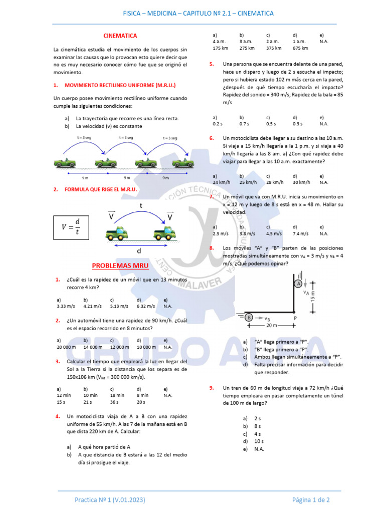 2.1 Formulario Practica CINEMATICA - 2023 | PDF | Cinemática | Velocidad