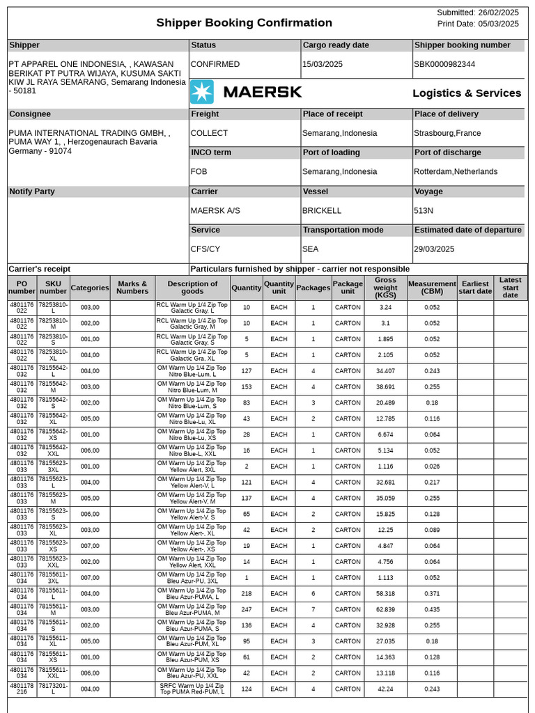 Booking Confirmation SBK0000982344 352025 | PDF | Cargo | Bill Of Lading