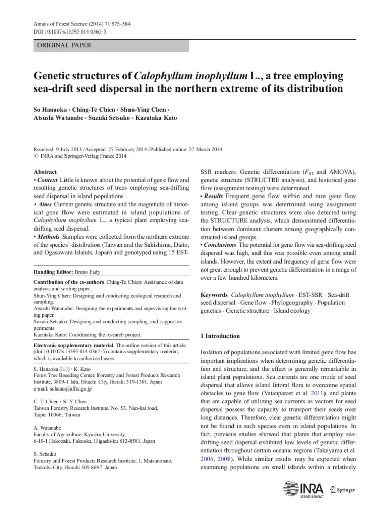 Genetic Structures of Calophyllum Inophyllum L., A Tree Employing Sea ...