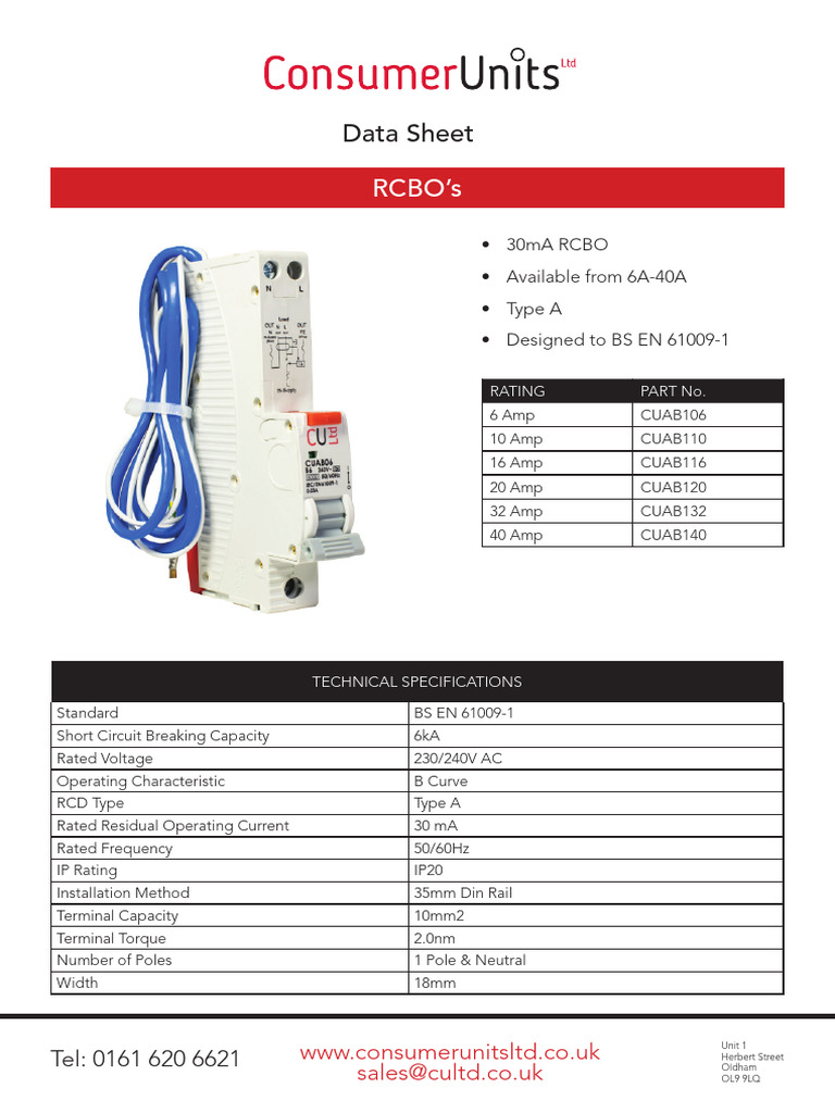 Consumer Units Ltd Datasheet RCBO | PDF
