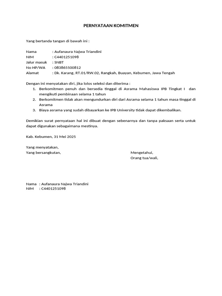 Form Pernyataan Komitmen Asrama | PDF