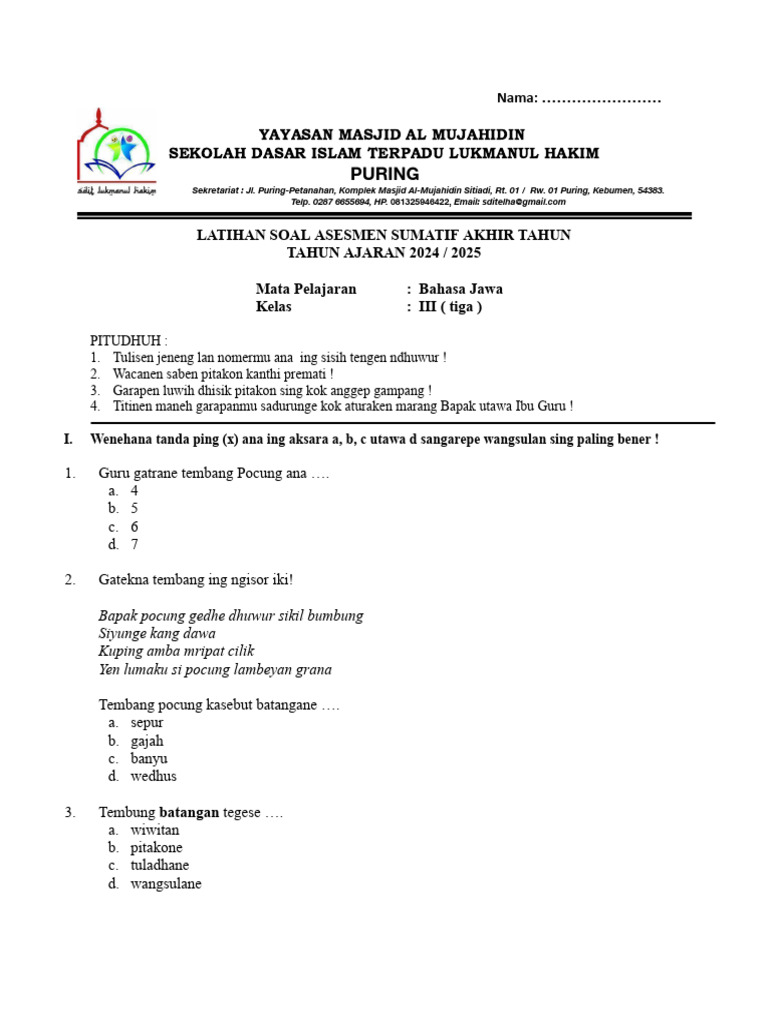 Bahasa Jawa Kls 3 SMT 2 Latihan Soal | PDF