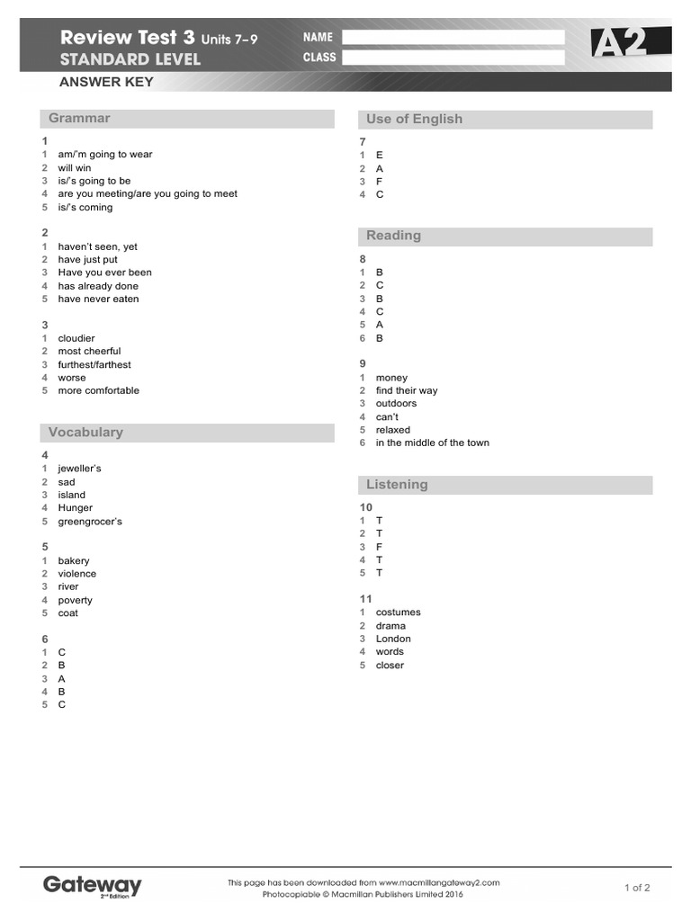 A2 Review Test 3 Answer Key Standard | PDF | Cultural Assimilation ...