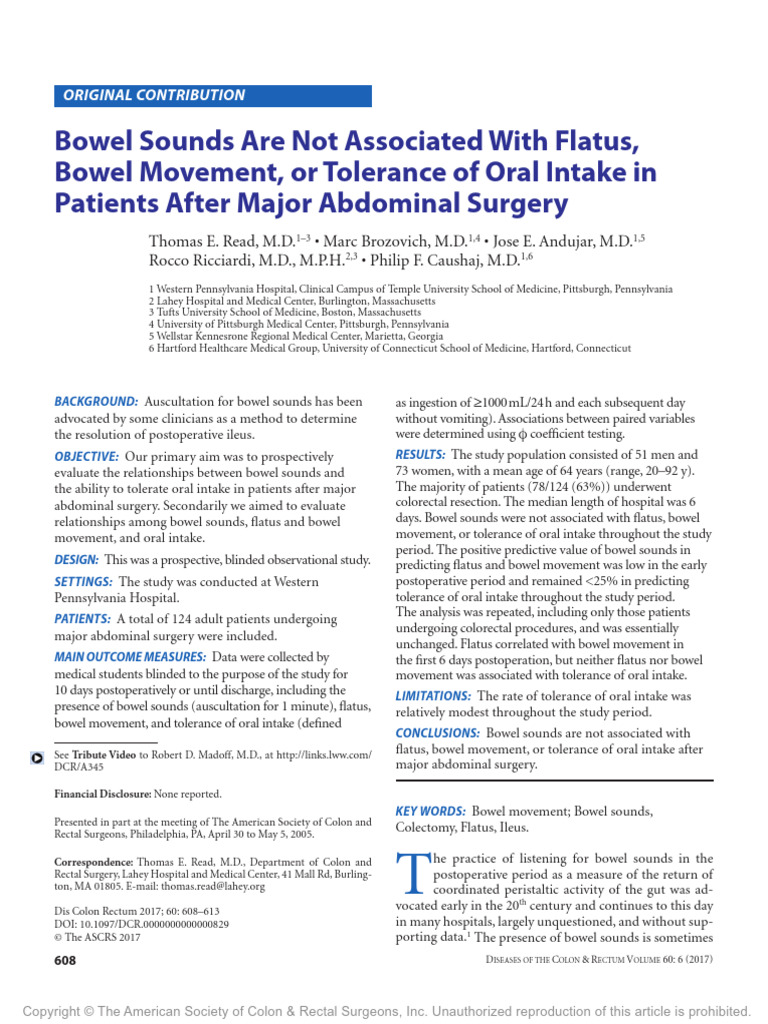 Bowel Sounds Are Not Associated With Flatus, Bowel Movement, or ...