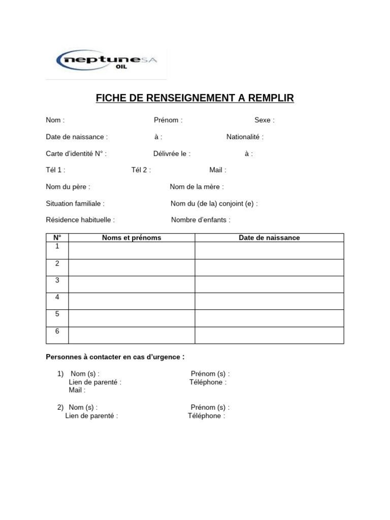 Fiche de renseignement à remplir pour emploi | PDF