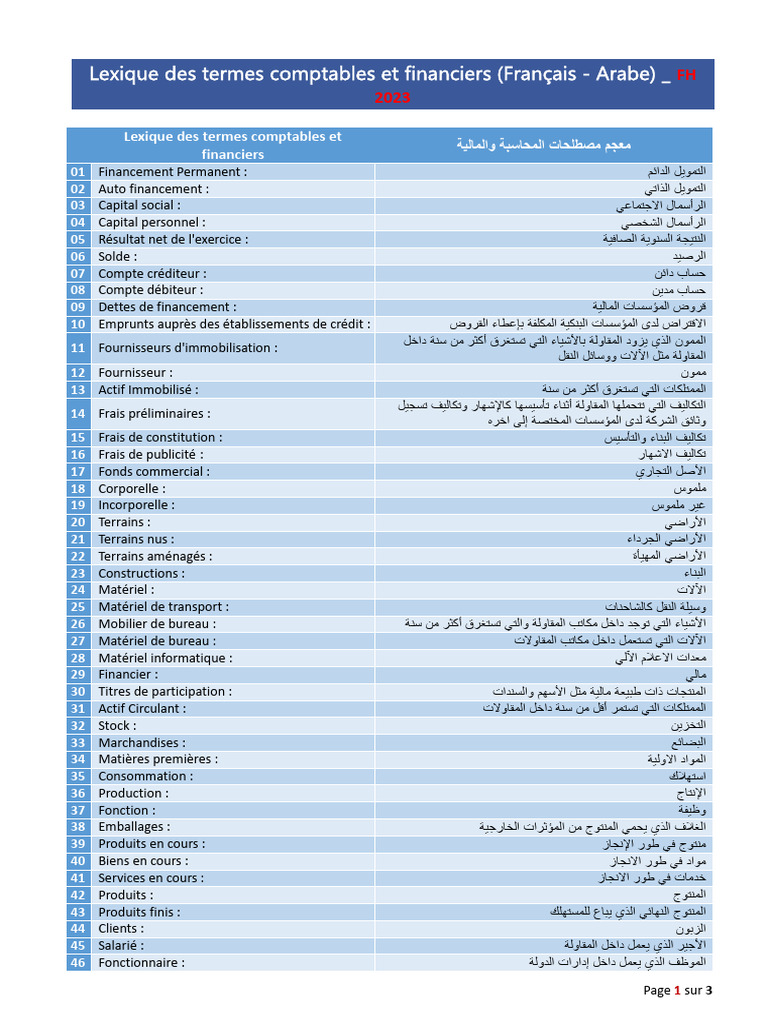 Lexique Des Termes Comptables Et Financiers (Français - Arabe) _ FH ...