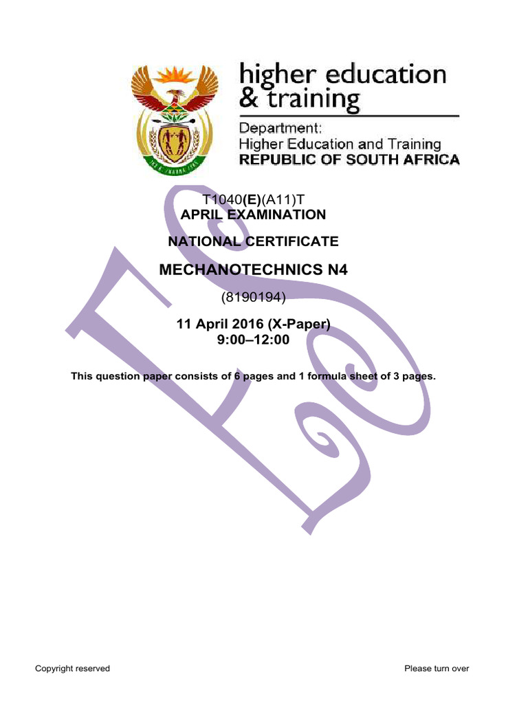 N4 Mechanotechnics April 2016 | PDF | Belt (Mechanical) | Gear