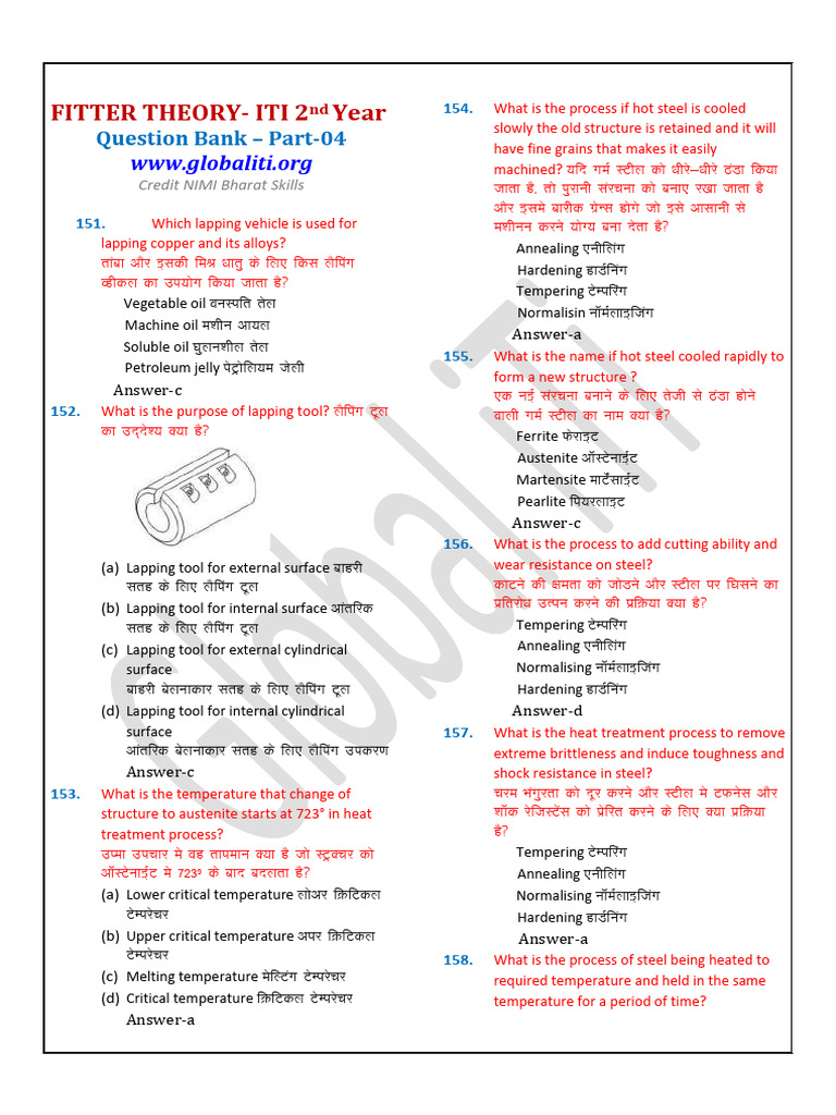 ITI Fitter 2nd Year Question Bank | PDF | Heat Treating | Steel