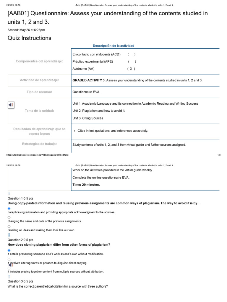 Quiz - (AAB01) Questionnaire - Assess Your Understanding of The Contents Studied in Units 1, 2 ...